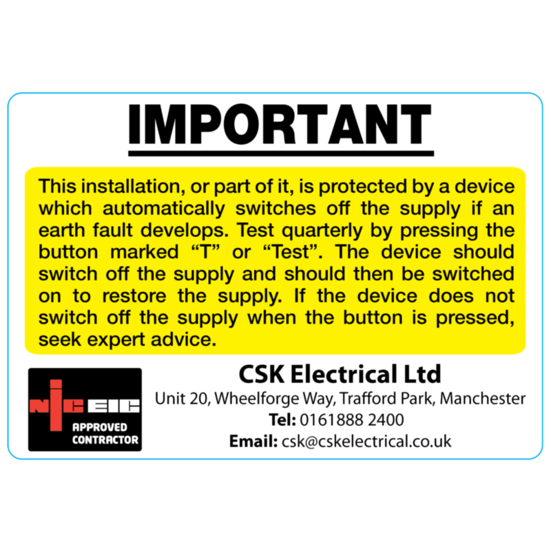 CSK Electrical Ltd RCD Test Labels