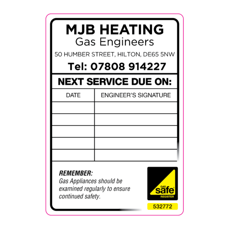 MJB Heating Gas Safe Service Labels