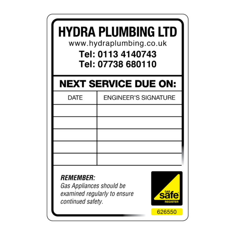 Hydra Plumbing Ltd Gas Safe Boiler Service Labels