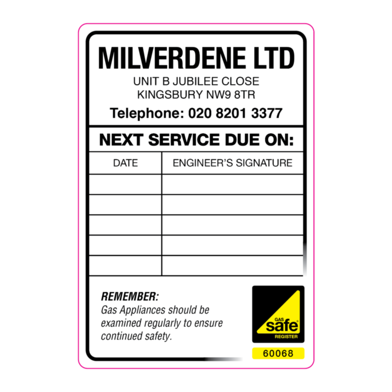 Milverdene Ltd Gas Safe Boiler Service Labels