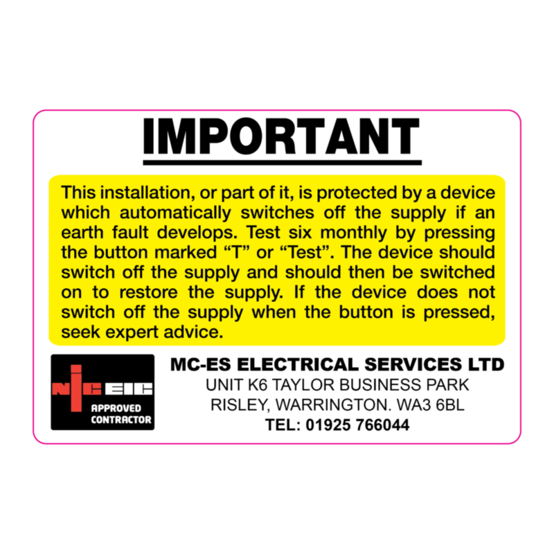 MC-ES Electrical Services Ltd RCD Label