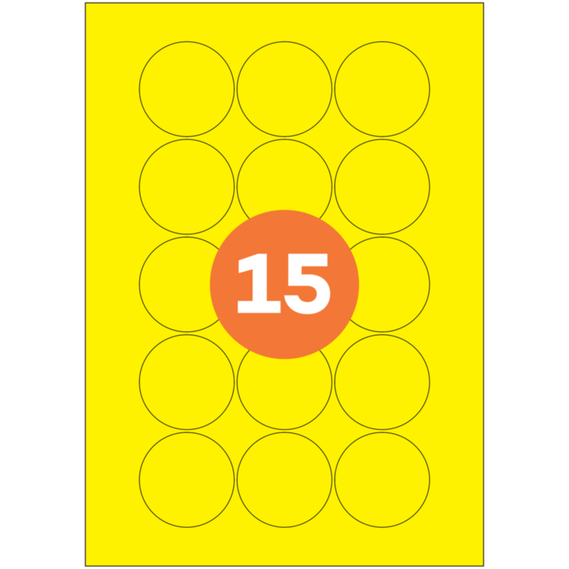 A4 Label Sheets 15 Labels Per Sheet 50mm Diameter Yellow Permanent ...